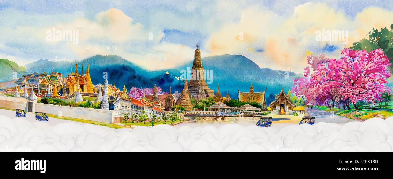 Panorama view famous landmarks in Thailand. Watercolor painting ...