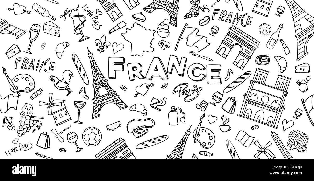 horizontal France doodles, clip art, cartoon decorative elements ...