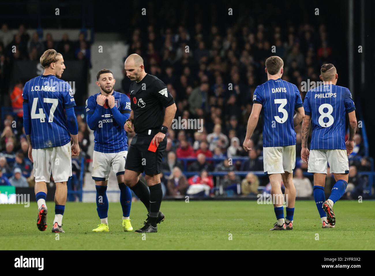 Kalvin Phillips of Ipswich Town leaves the pitch after receiving a red ...
