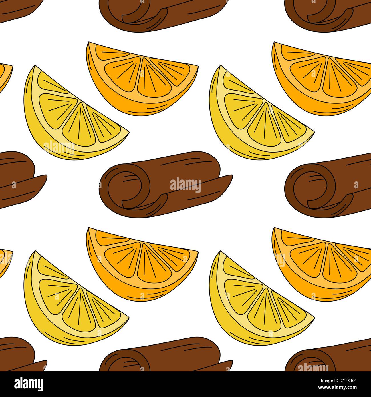 Cinnamon stick, Orange and Lemon slices in trendy Pop Art Seamless ...
