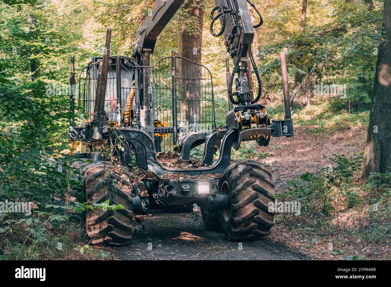 Heavy machinery, including a loader, operating outdoors in summer ...