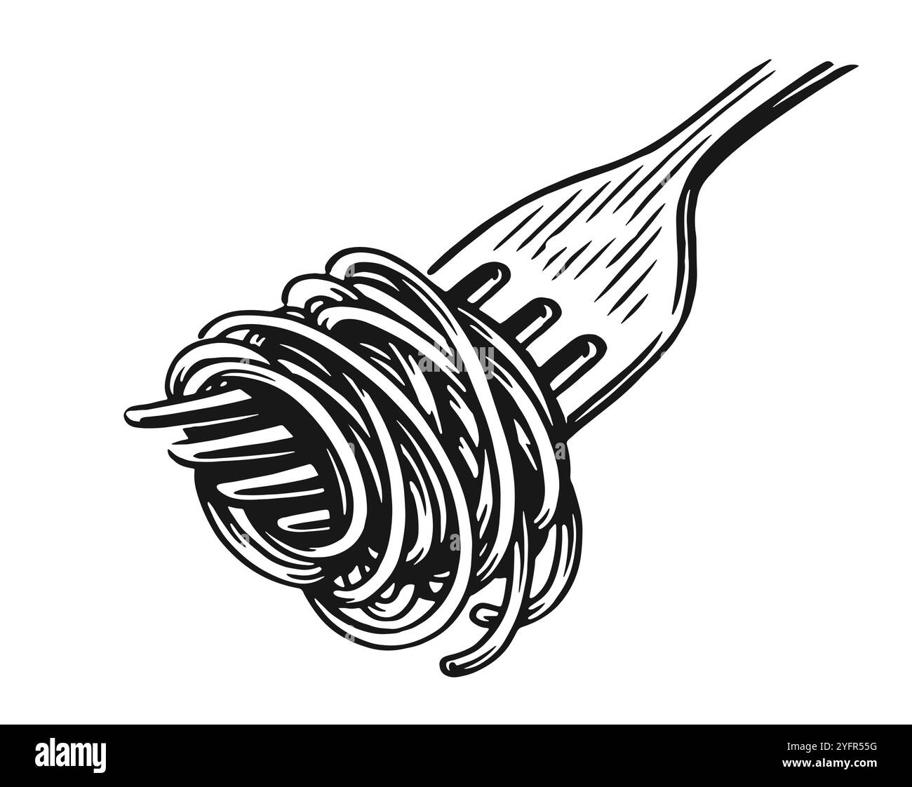 Spaghetti pasta and fork. Italian food, noodles sketch drawing. Hand ...