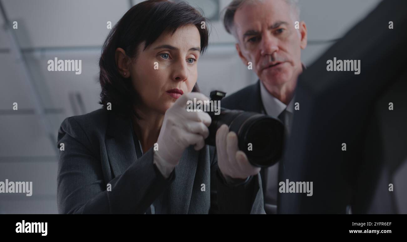 Office robbery or murder case: Close up of female criminalist taking ...