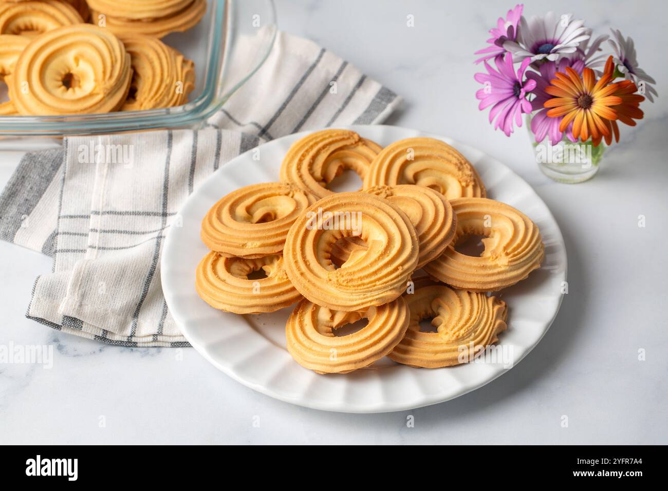 Sweet and tasty round butter cookies. Round ring shaped German spritz ...