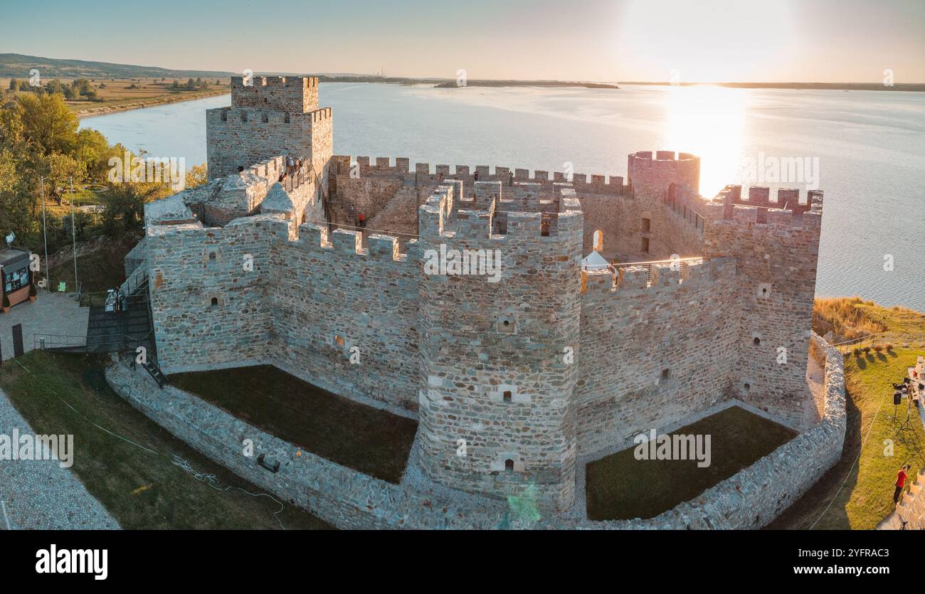 An aerial view of the ancient Ram Fortress overlooking the Danube River ...
