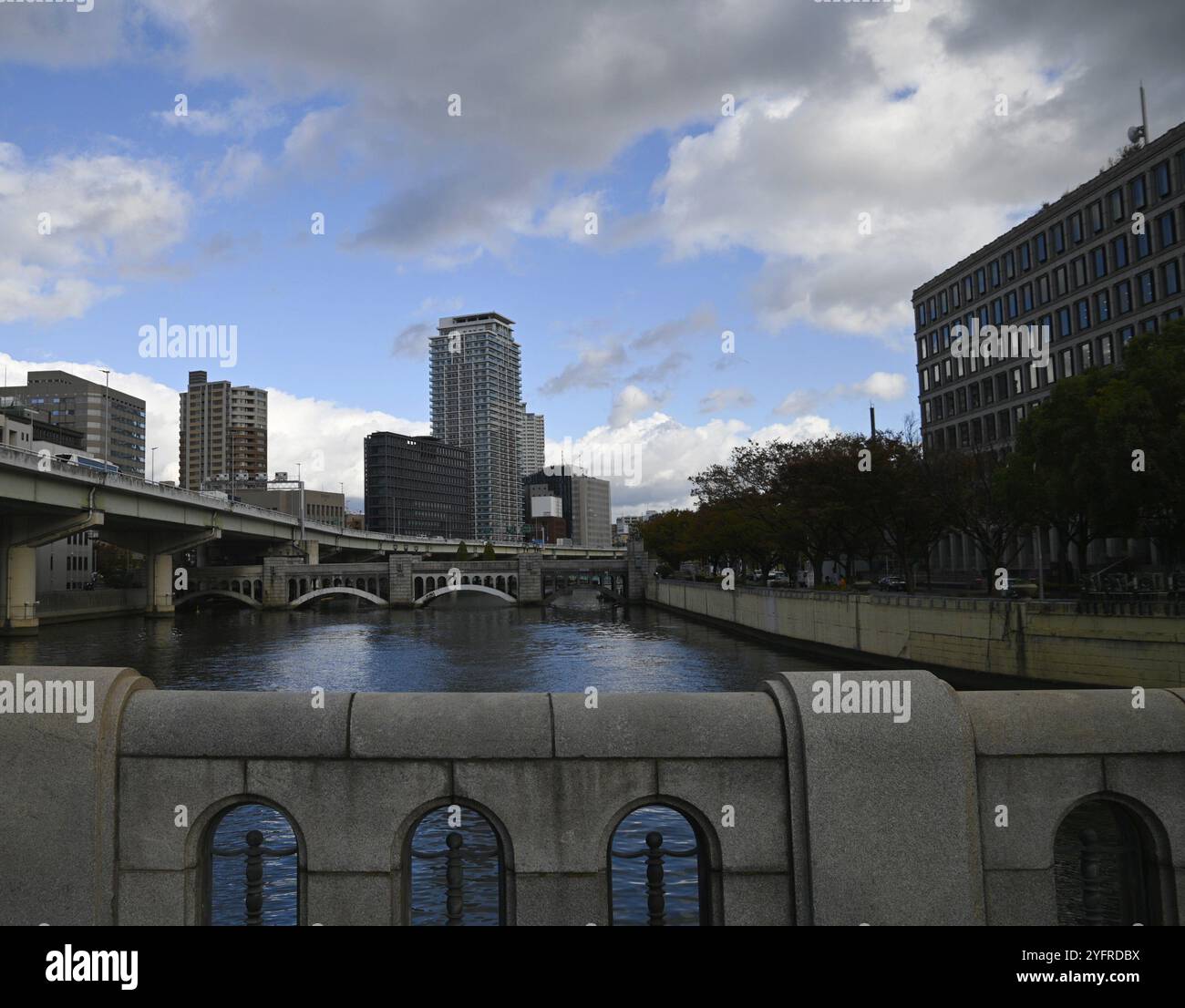 Cityscape with scenic view of Nakanoshima district on the banks of Yodo ...