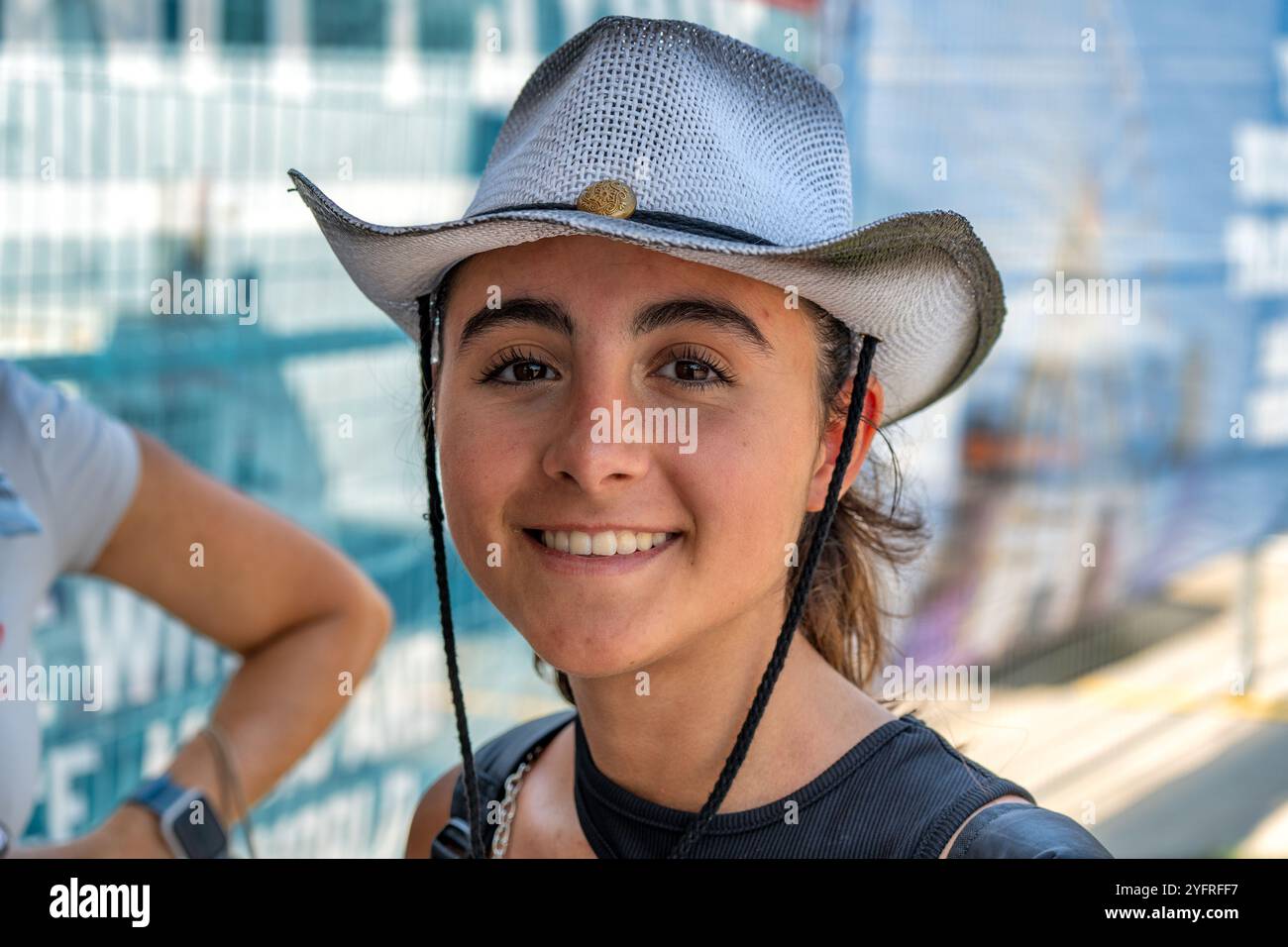 Happy young girl wearing straw hat for Stampede event, Calgary Stock ...