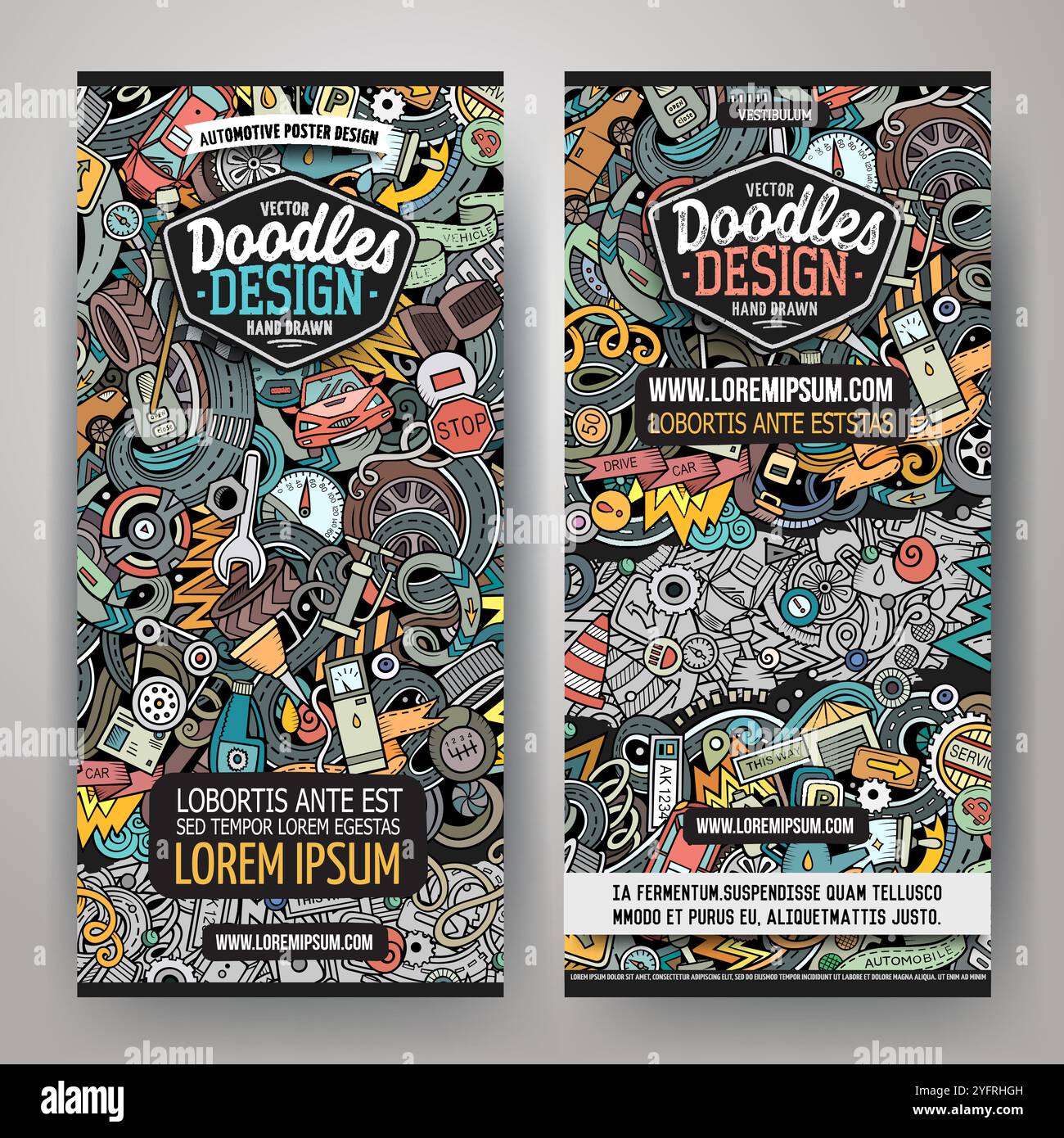 Cartoon cute colorful vector hand drawn doodles automotive corporate ...