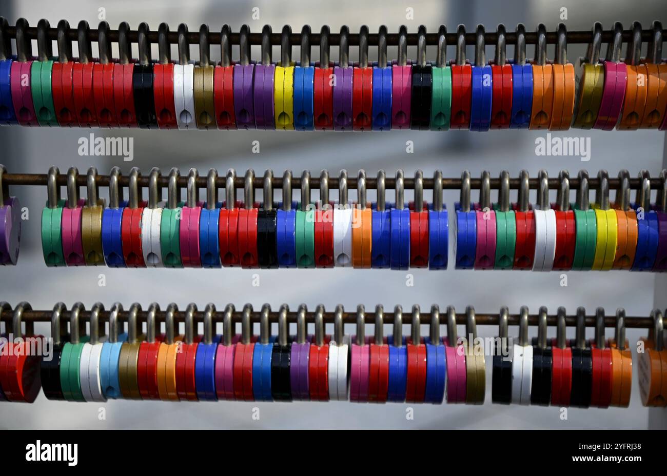 Colorful heart shaped love locks on display at the Kūchū Teien ...