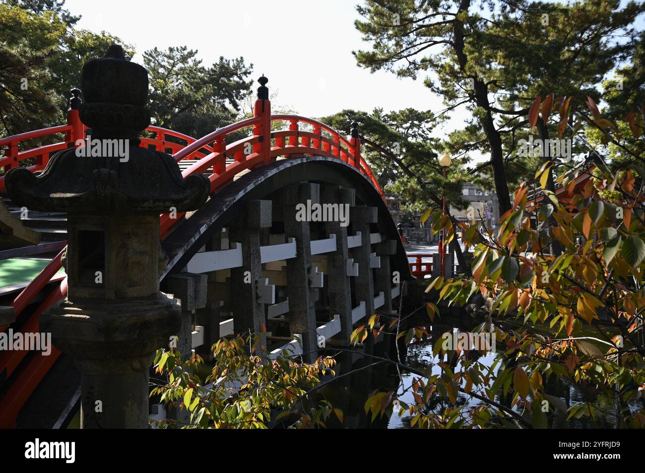 Landscape with scenic view of the Taiko-bashi arched bridge on the ...