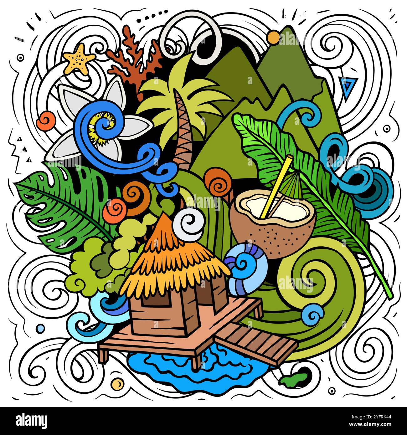 Bora-Bora cartoon doodle illustration. Creative funny vector background ...
