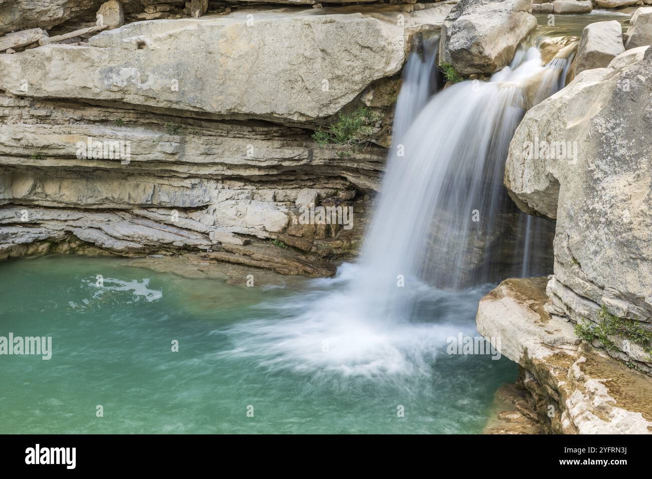 Cascade of emerald water in the gorges of the meouge. France, Drome ...