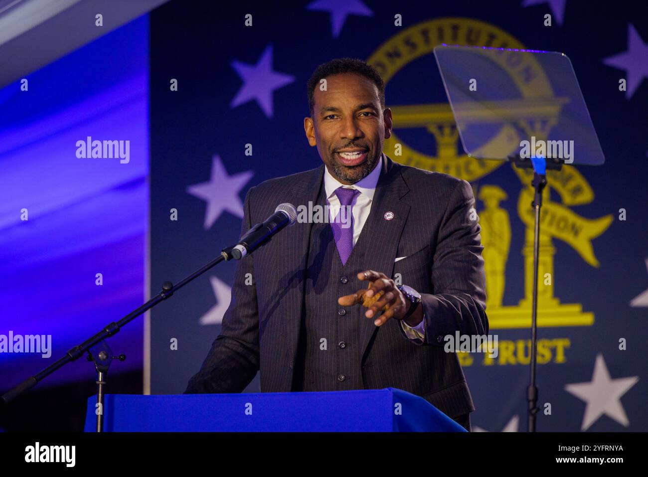 Atlanta Mayor Andre Dickens delivers a speech on stage during the ...