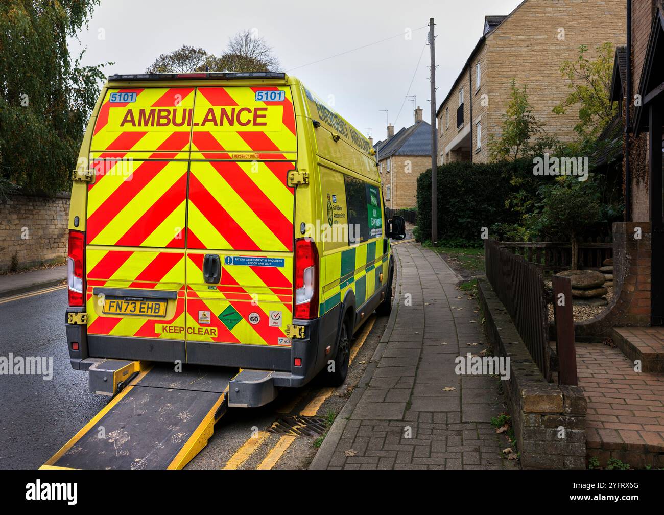 East Midlands Ambulance Service emergency ambulance parked on double ...