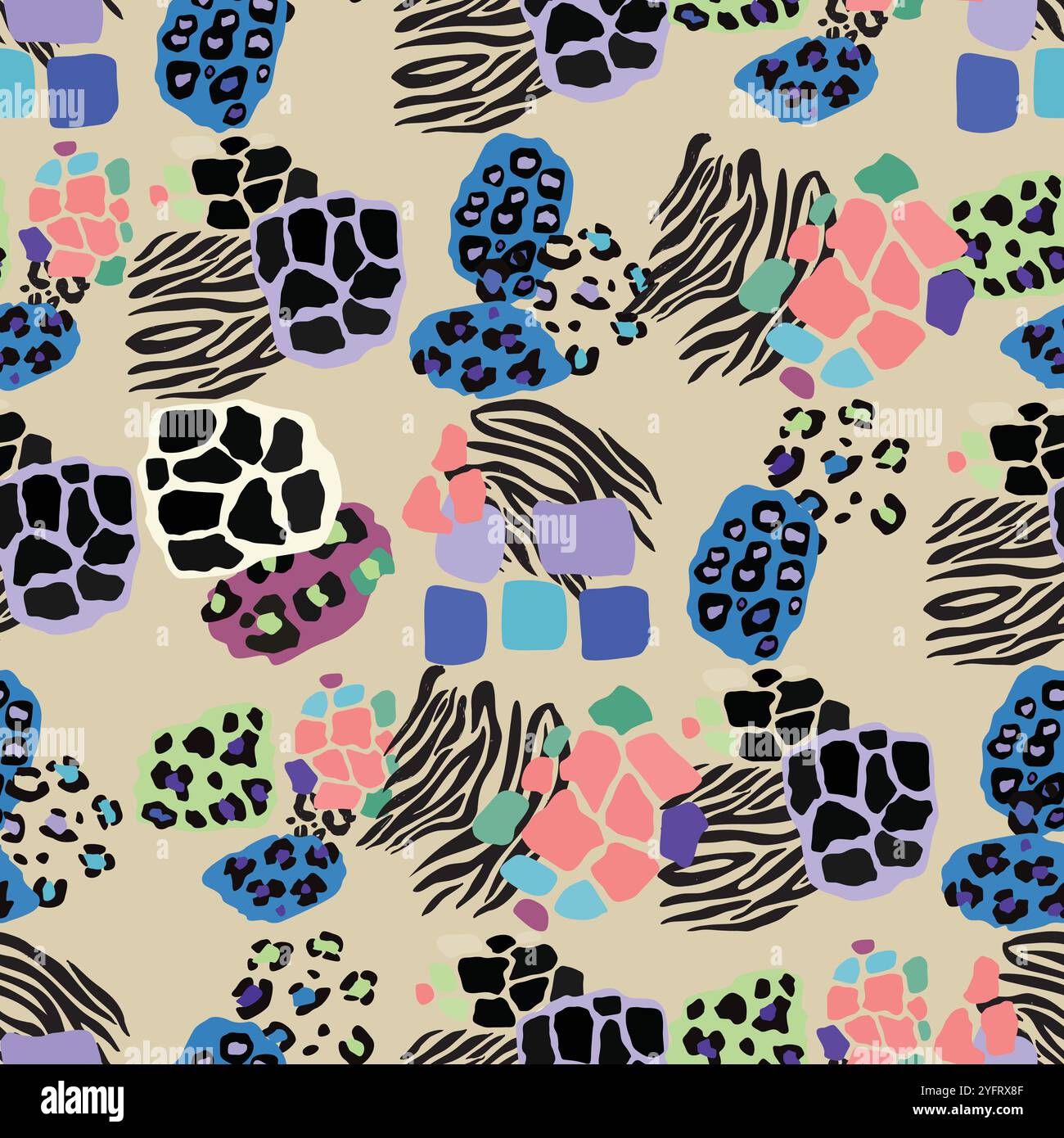 Textile art featuring colorful leopard print on a zebra background ...