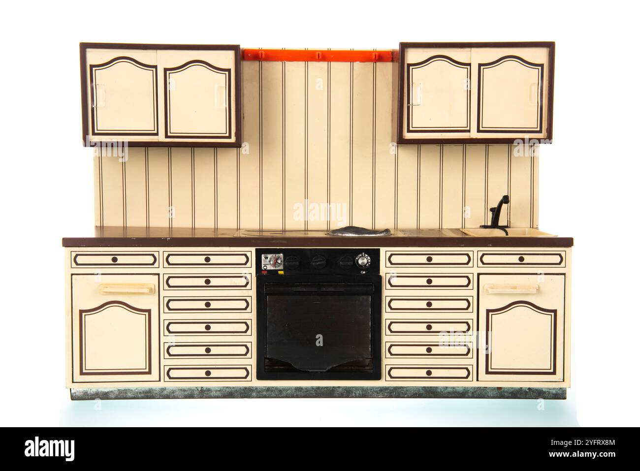 Miniature vintage toy kitchen isolated over white background Stock ...