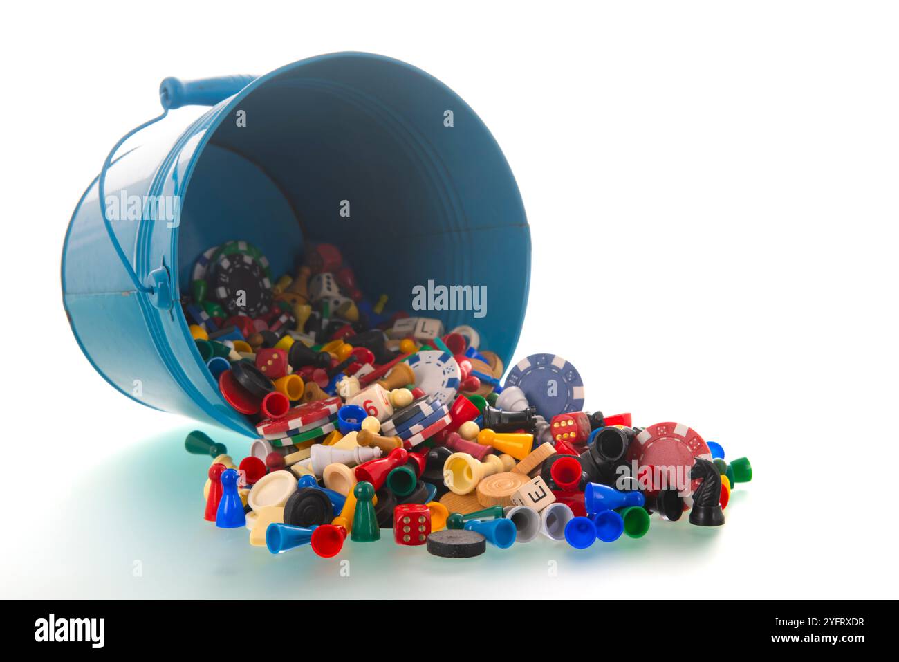 Blue bucket full with game parts isolated over white background Stock ...