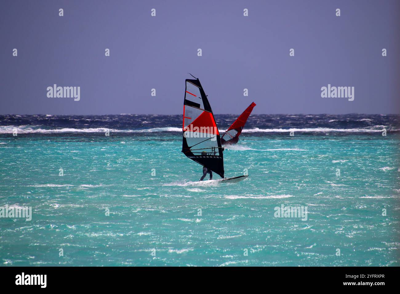 Windsurfing in the blue lagoon of Lac Bay, Bonaire, Caribbean ...