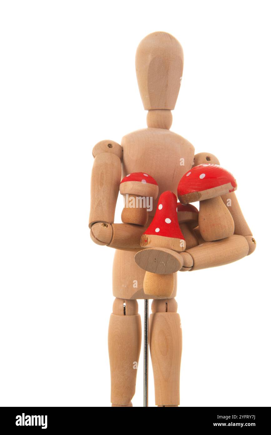 Red wooden mushrooms in arms from a mannequin isolated over white ...