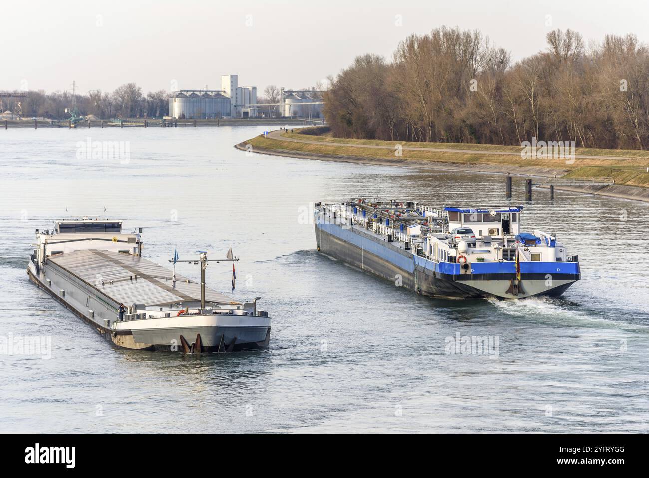 Barge boat sailing on the Rhine between Germany and France, oil tanker ...