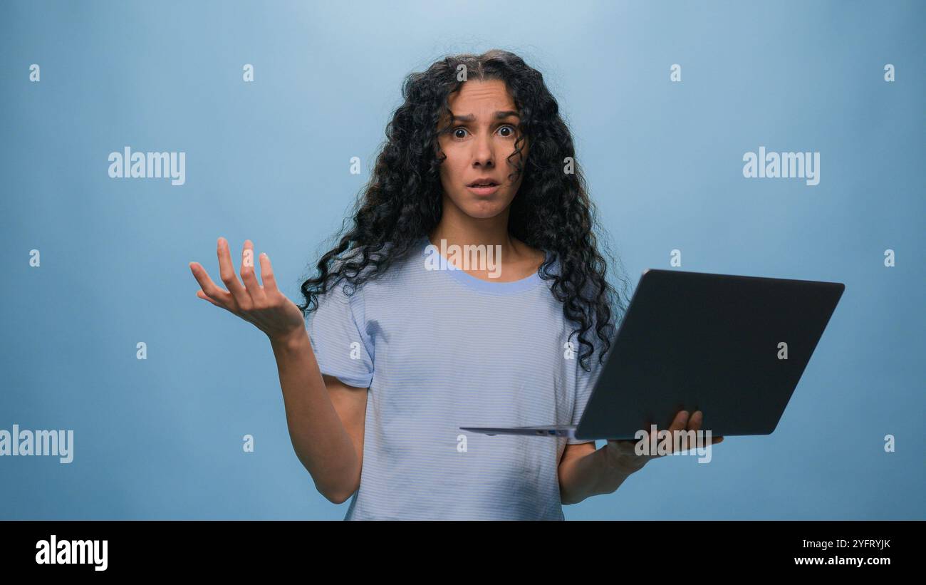 Shocked frustrated Indian student girl Latino upset woman businesswoman ...