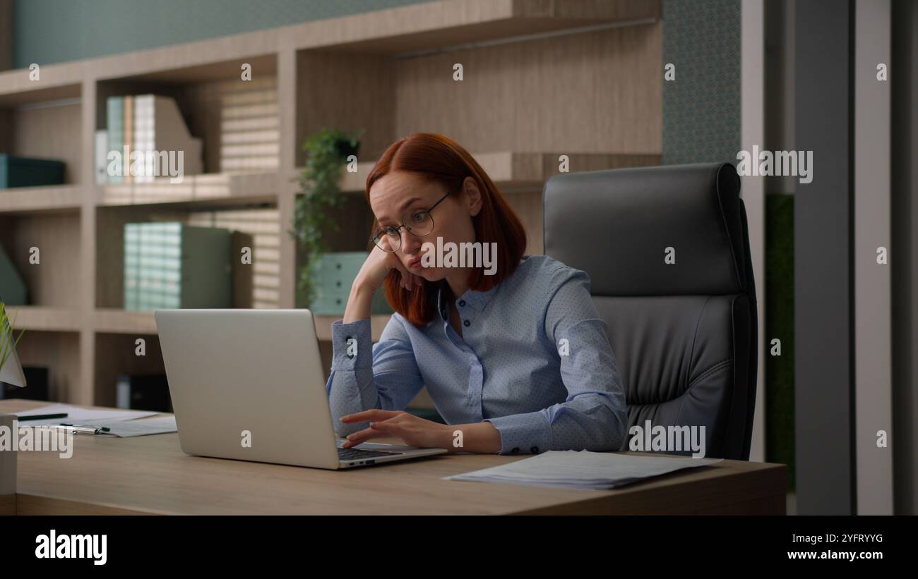 Bored sad Caucasian female office worker tired unmotivated business ...