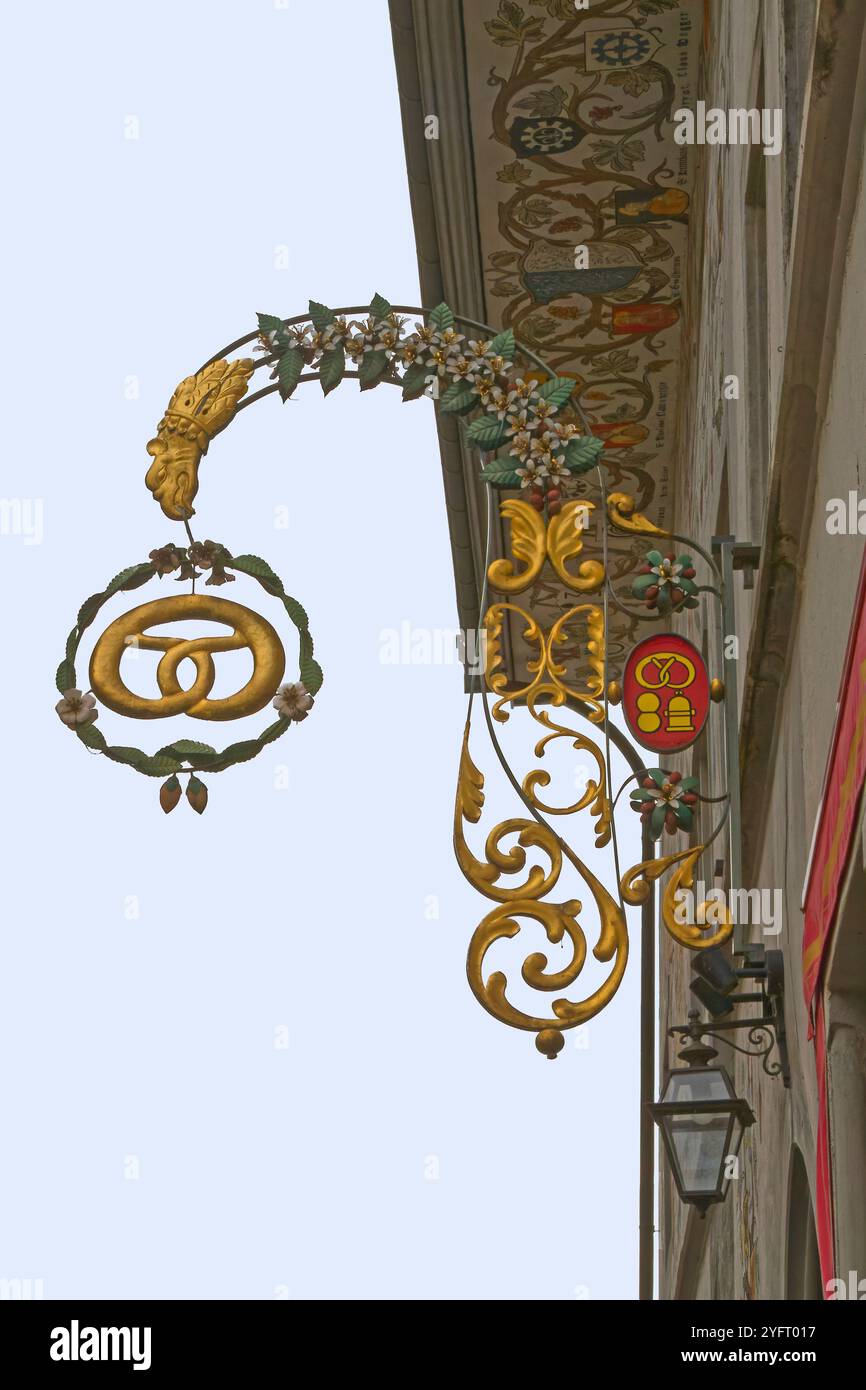 decorative shop sign, wrought iron, arched, pretzel, flowers, leaves ...
