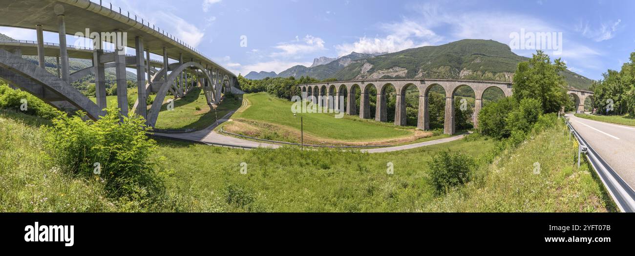 Crozet railway viaduct and Crozet motorway viaduct in Isere. France ...