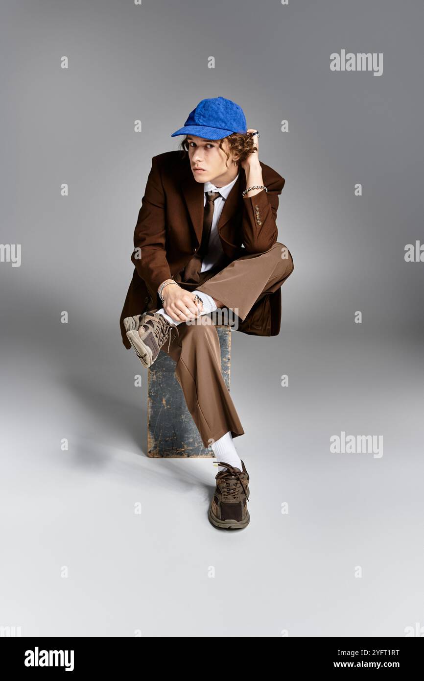 A stylish young man in a brown suit and baseball cap showcases his ...