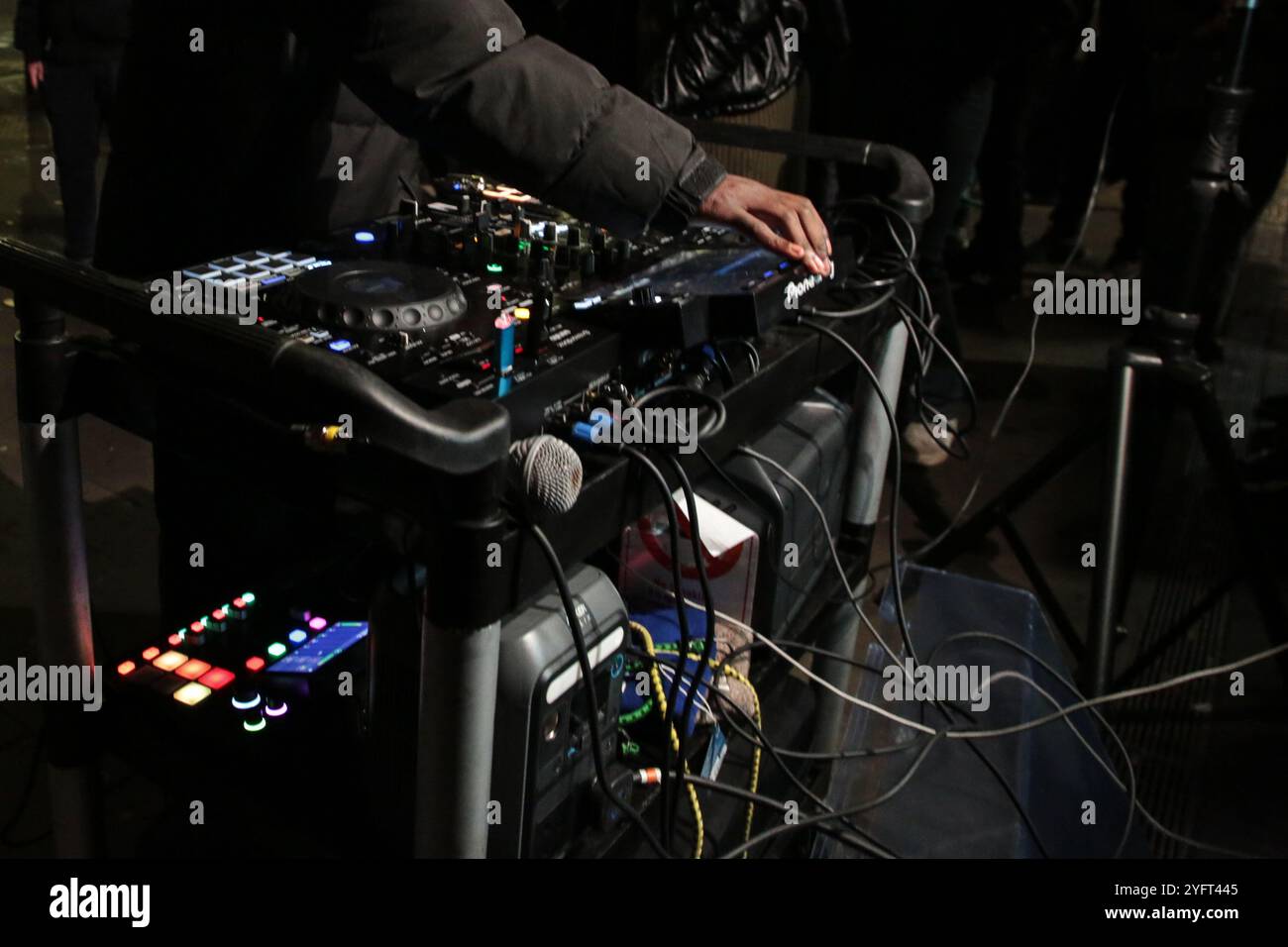 London UK 4 Nov 2024 DJ AG lives streams from outside kings cross ...