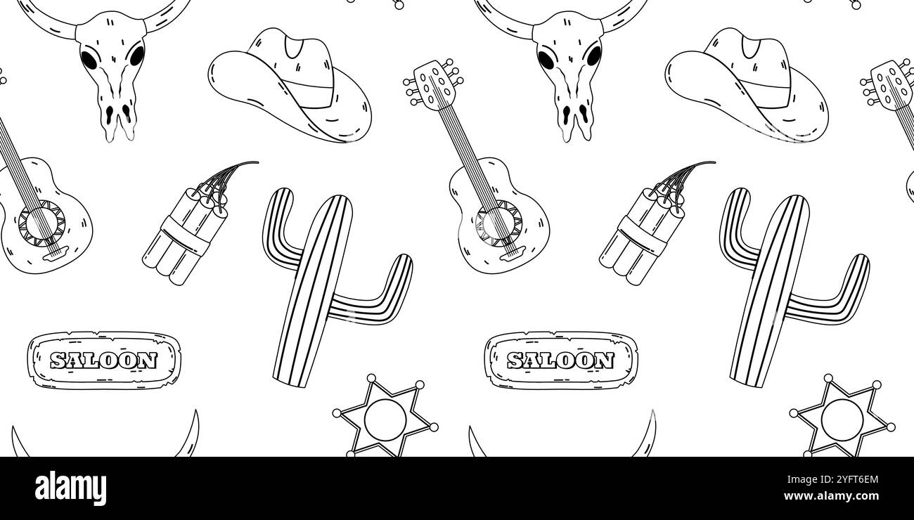 Seamless Wild West black and white pattern featuring cowboy hats, cacti ...