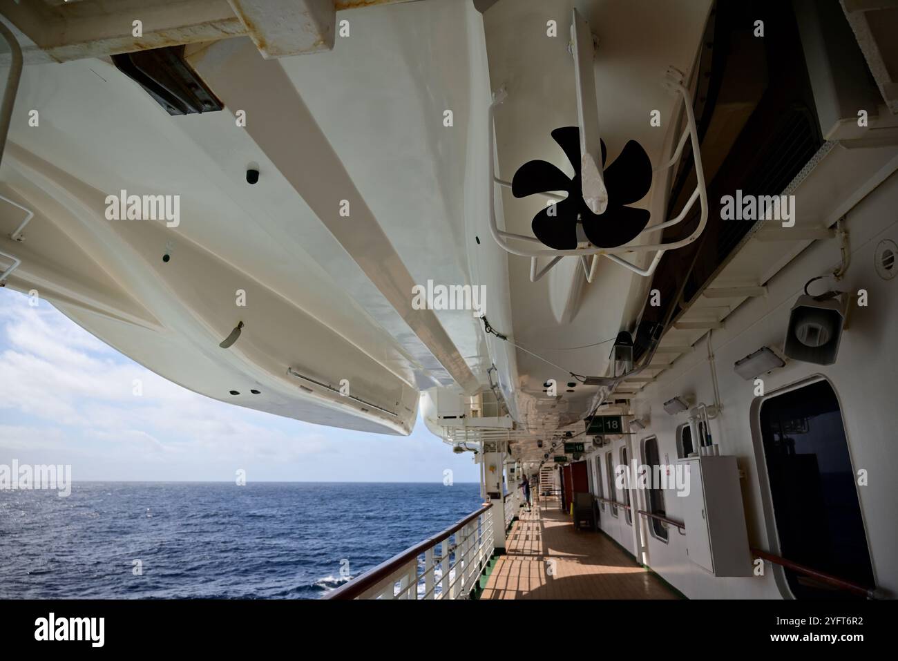Under the lifeboats on the promenade deck of P&O cruise ship Ventura at ...