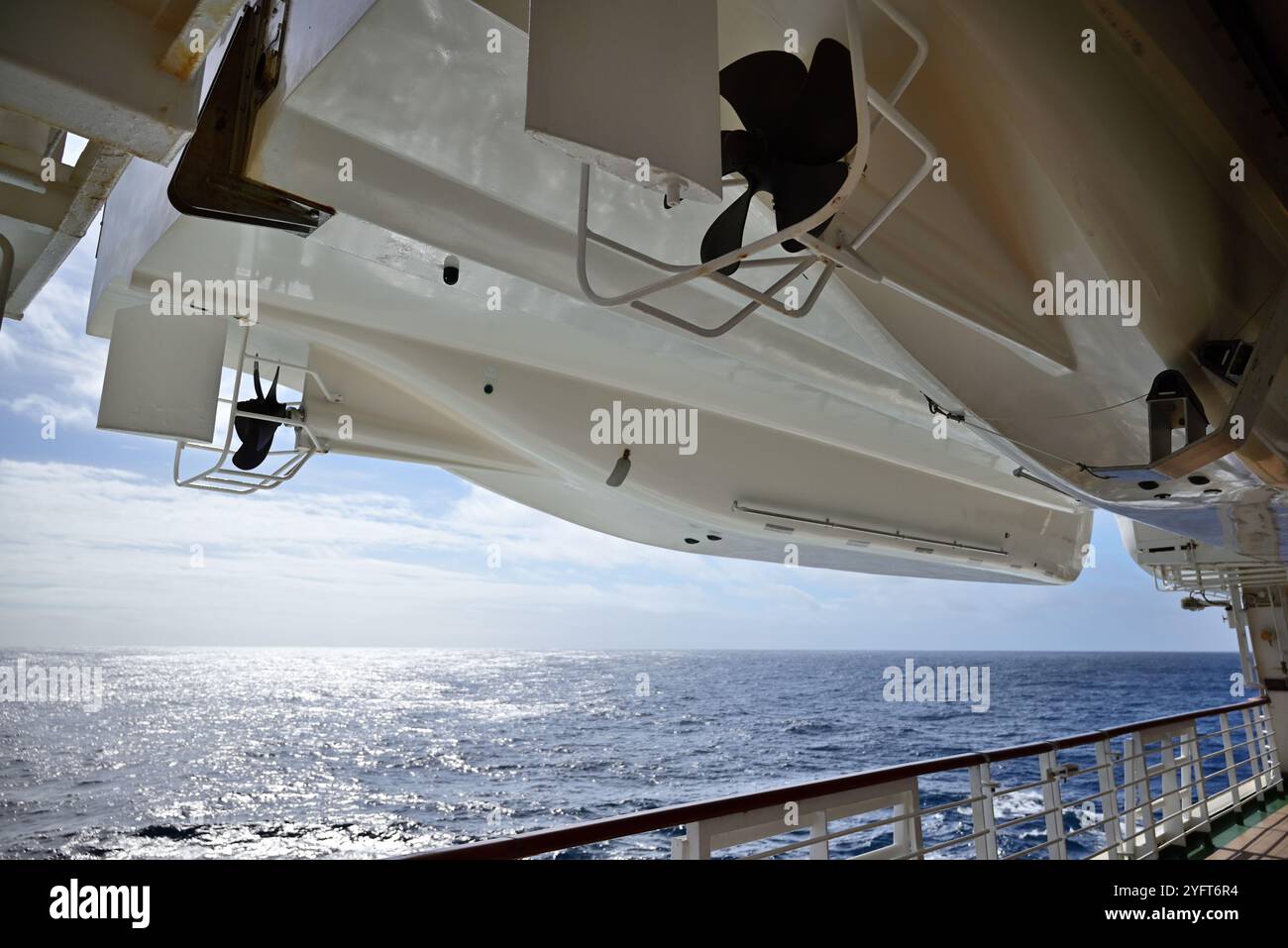 Under the lifeboats on the promenade deck of P&O cruise ship Ventura at ...