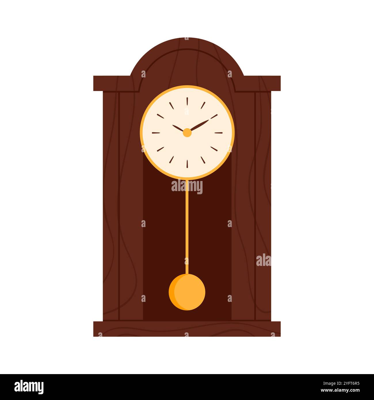 Antique wall hanging clock with dial and ticking golden pendulum to ...