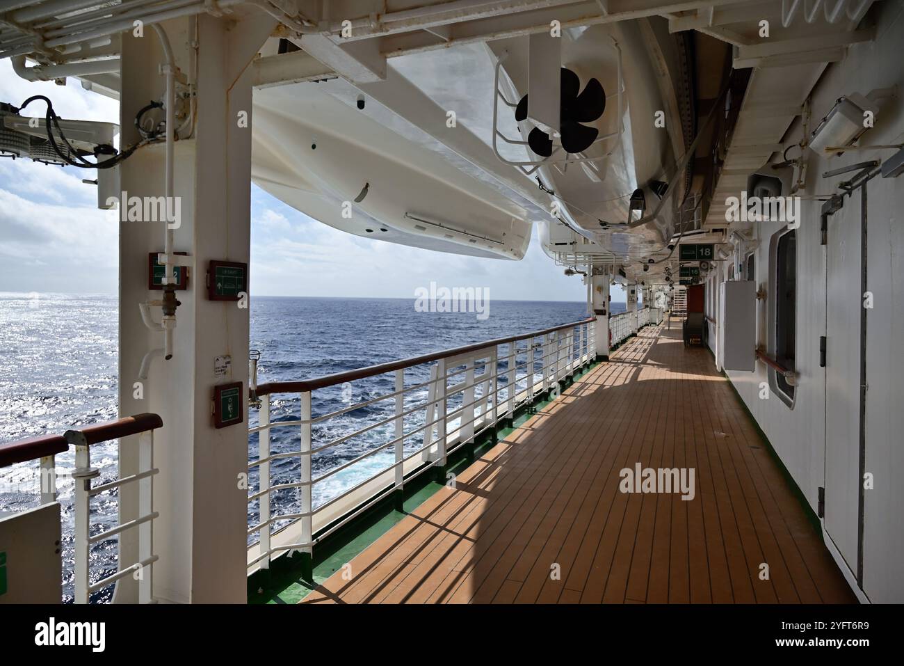 Under the lifeboats on the promenade deck of P&O cruise ship Ventura at ...