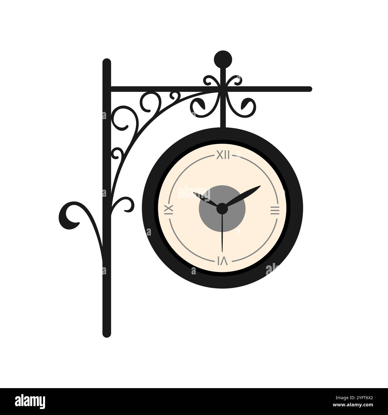 Outdoor vintage hanging clock on metal pin with round dial, hands and ...