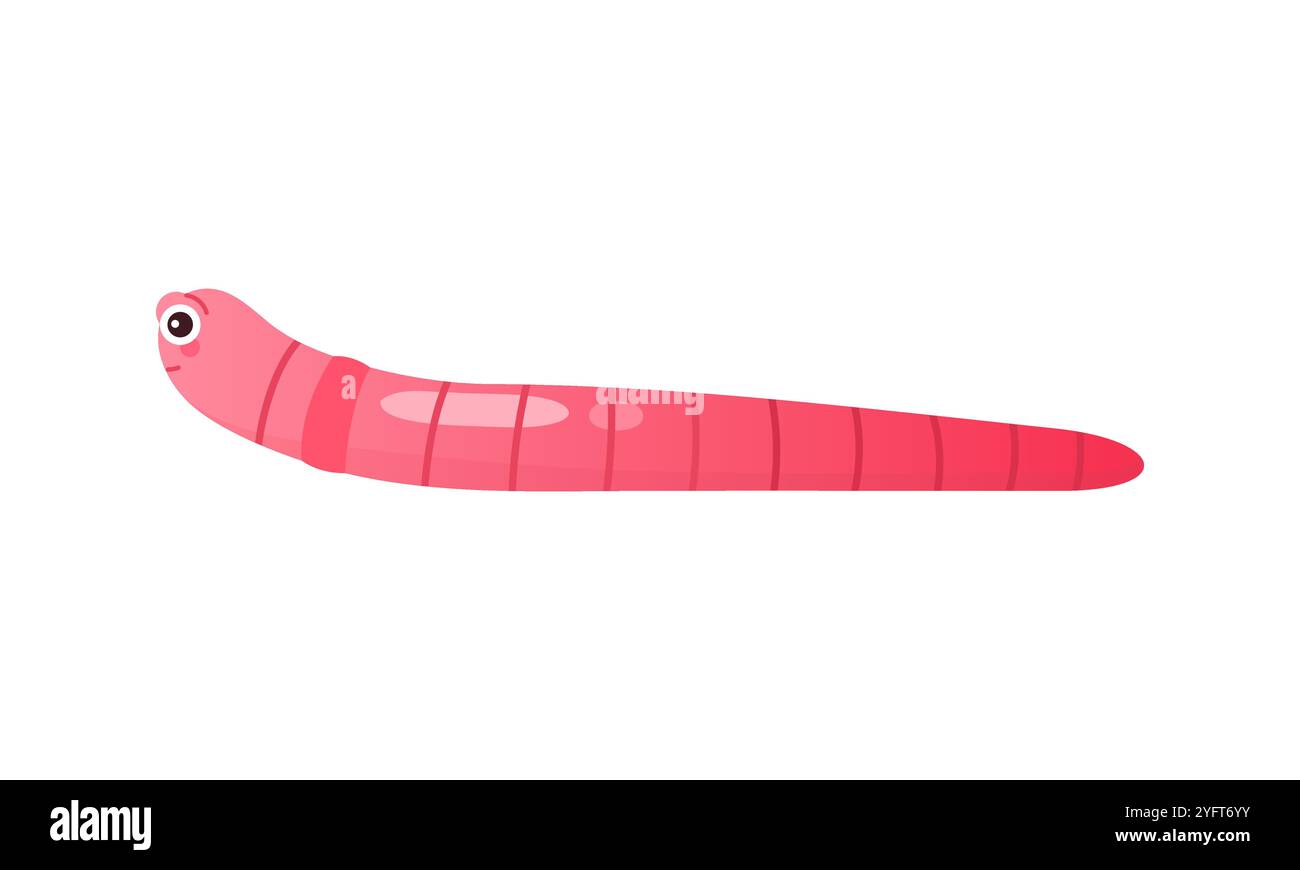 Cute pink worm crawling, earthworm lying on garden or forest ground ...