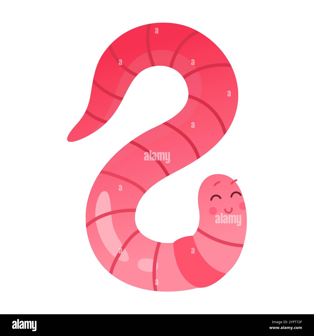 Cute happy pink worm crawling with cheerful expression in hook shape ...