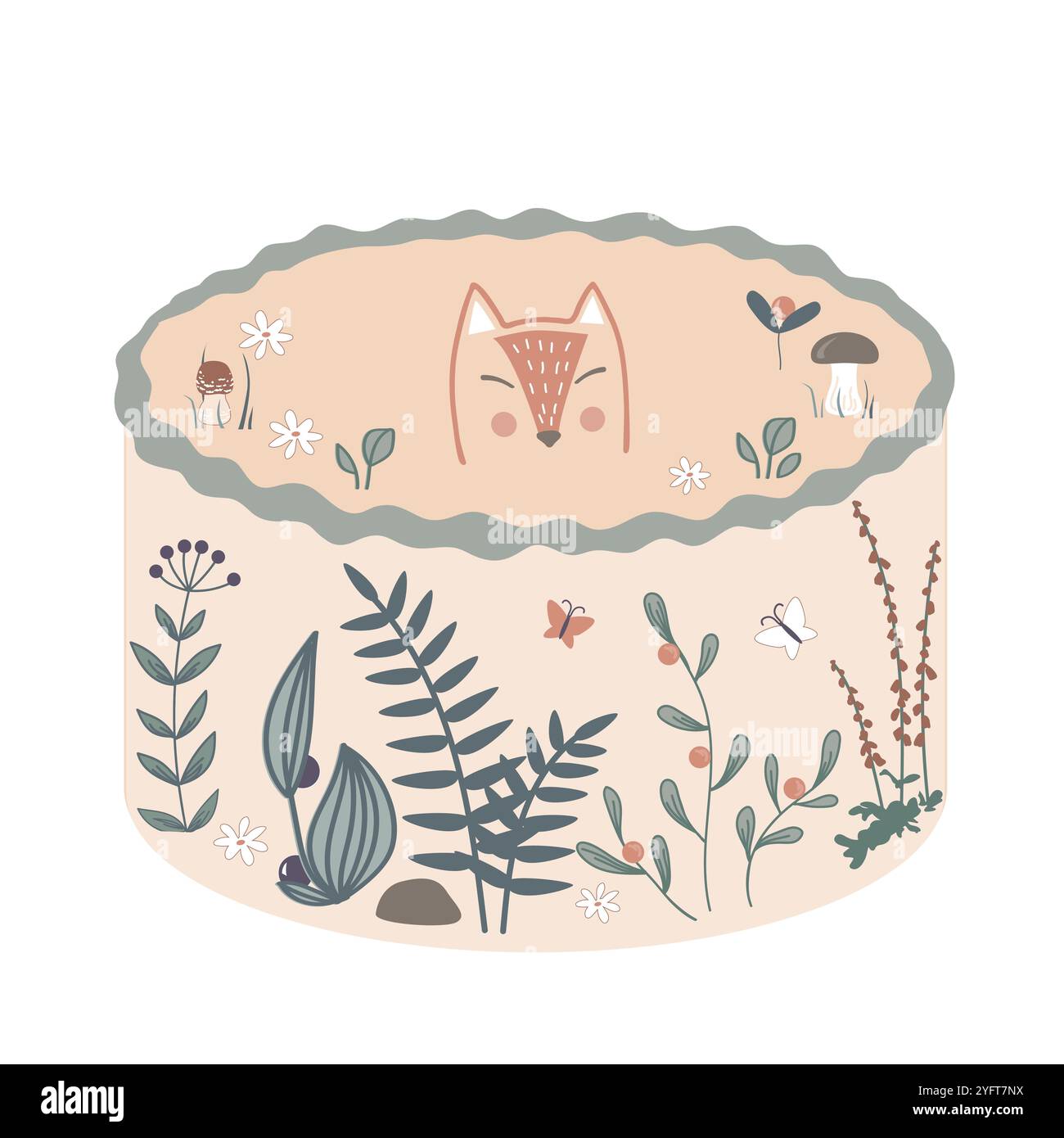 Cute bento cake decorated with forest plants, and cartoon fox portrait ...