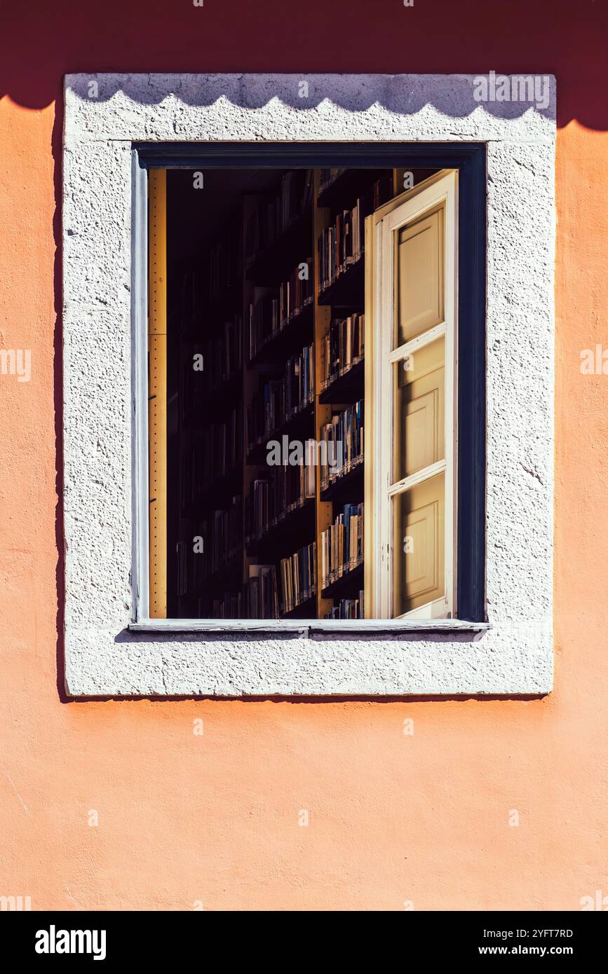 The open window reveals a well-stocked library filled with books ...