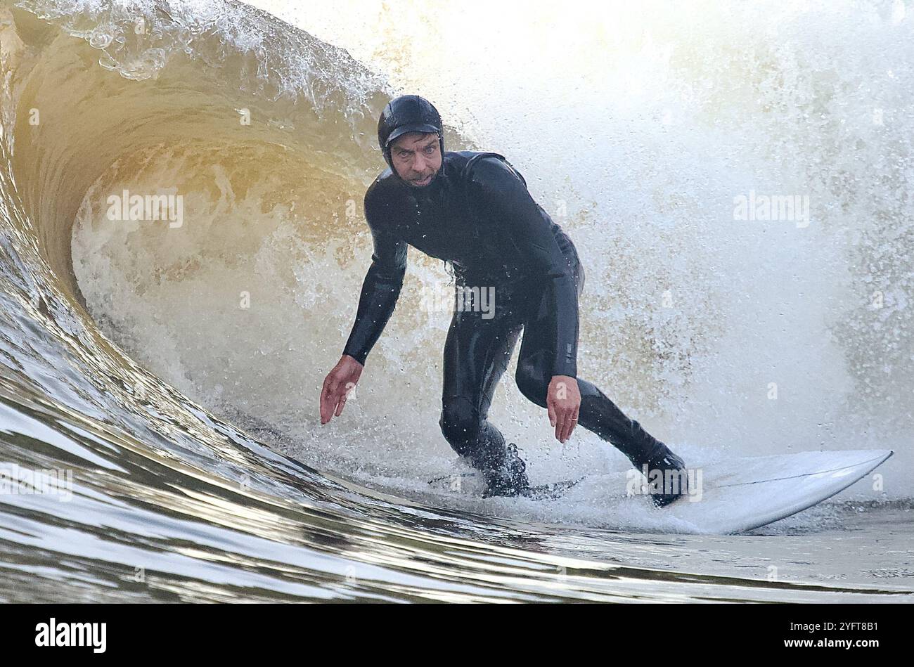 Edinburgh, UK, 5th November 2024: A surfer tackles the machine ...