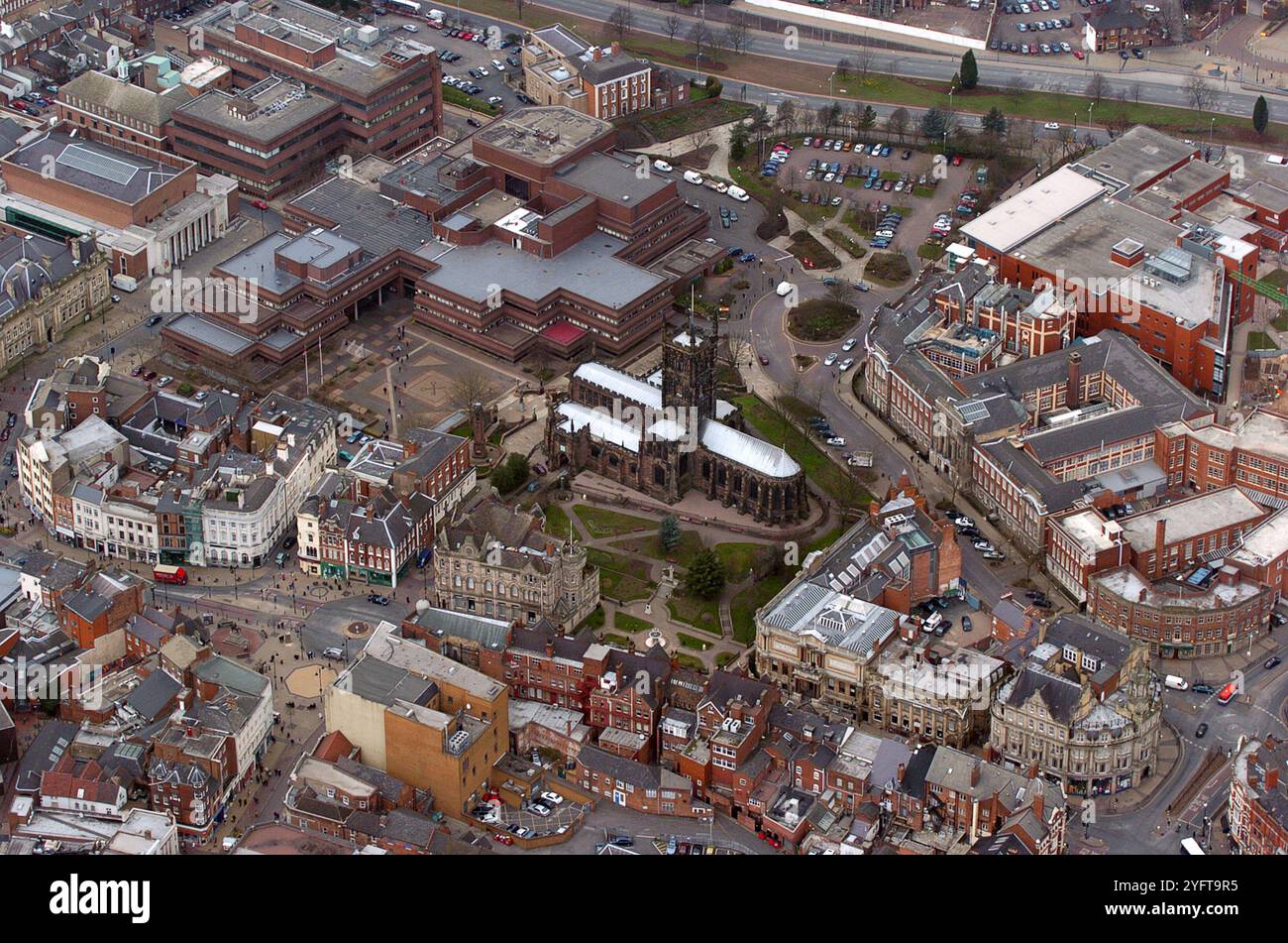 An aerial view of St Peters Church Wolverhampton with the Civic Centre ...