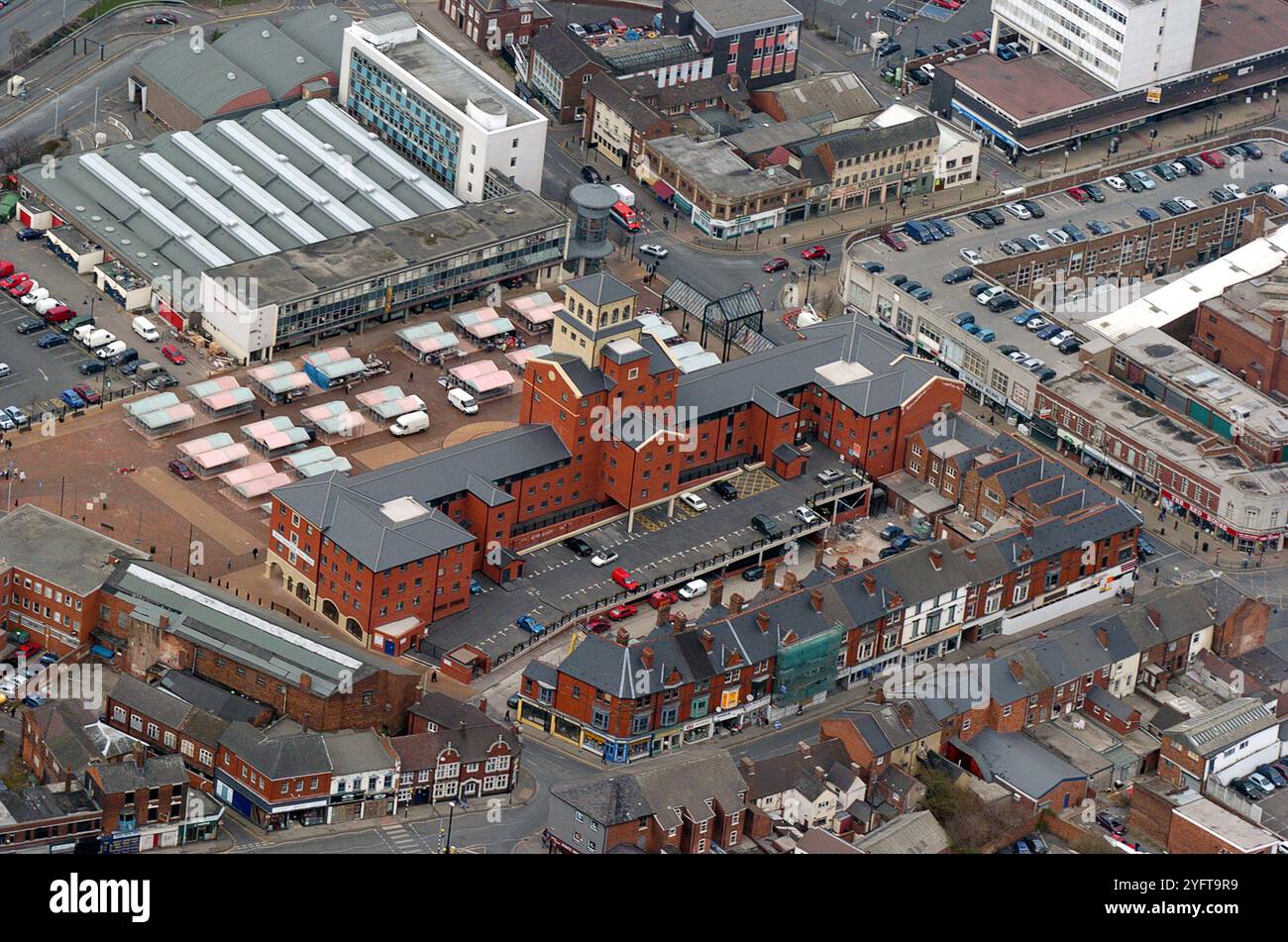 An aerial view of Wolverhampton city centre outdoor market and modern ...
