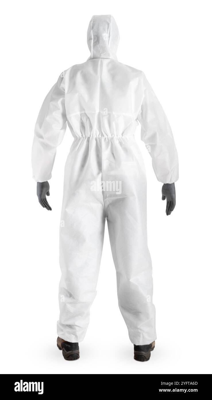 Protective suit. Man wearing a decontamination suit on white background ...