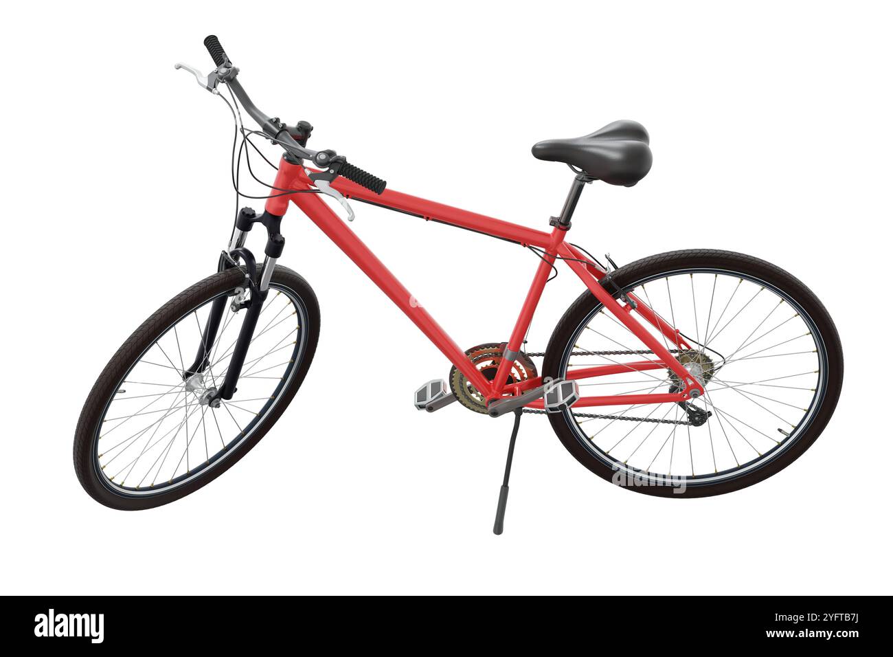 Red bicycle standing while leaning on kickstand, side view. Bike ...