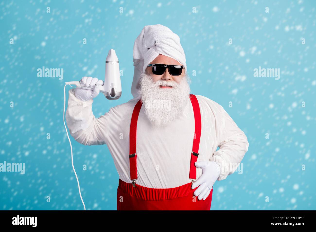 Photo of retired old fat man grey beard hold hair dryer get out shower ...