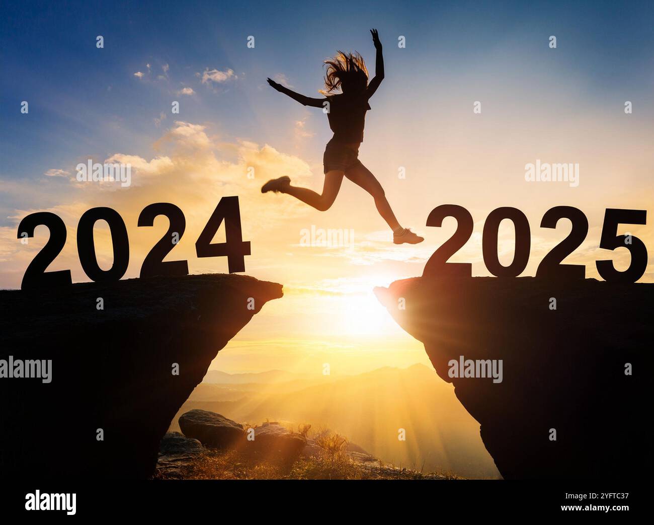 A young woman jump between 2024 and 2025 years over the sun, through on ...