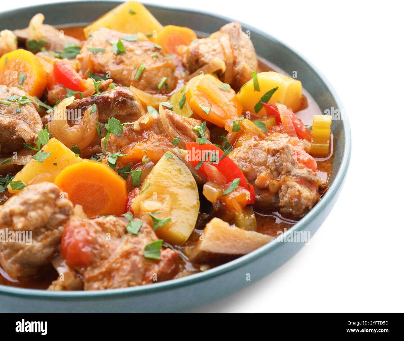 Delicious stew with vegetables isolated on white Stock Photo - Alamy