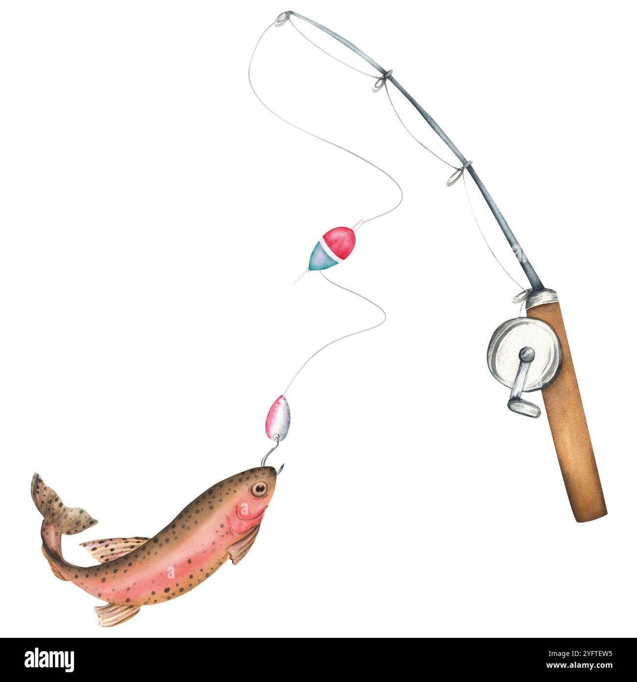 A rod with fishing line and a bobber with rainbow trout. Fishing ...