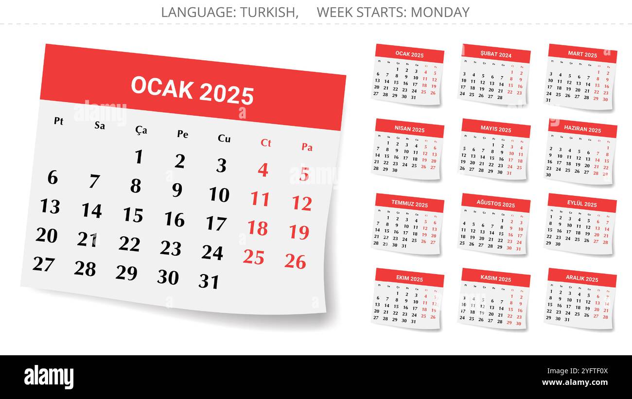 2025 turkish calendar - takvim. Paper page collection of 12 months in ...